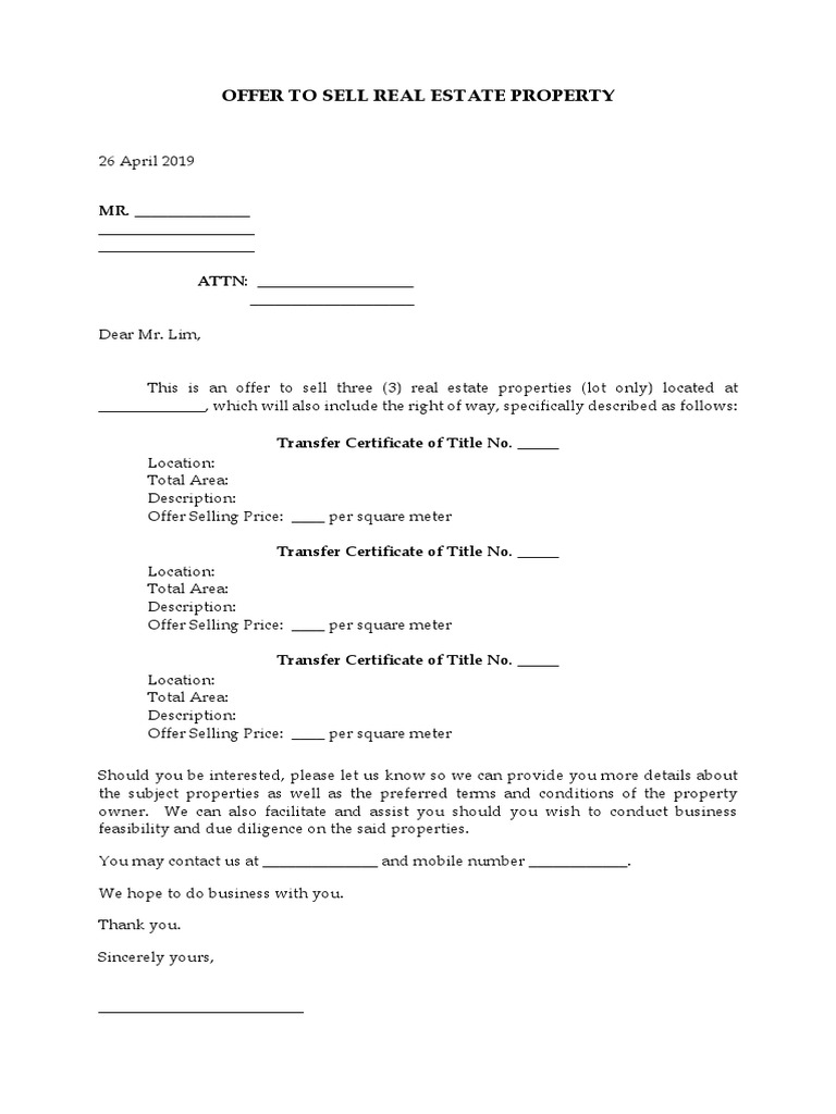 Offer to Sell Real Estate Properties | PDF