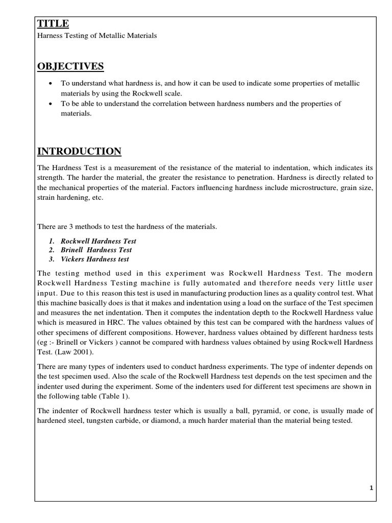 Rockwell Hardness Testing of Metallic Materials Lab Report | PDF ...