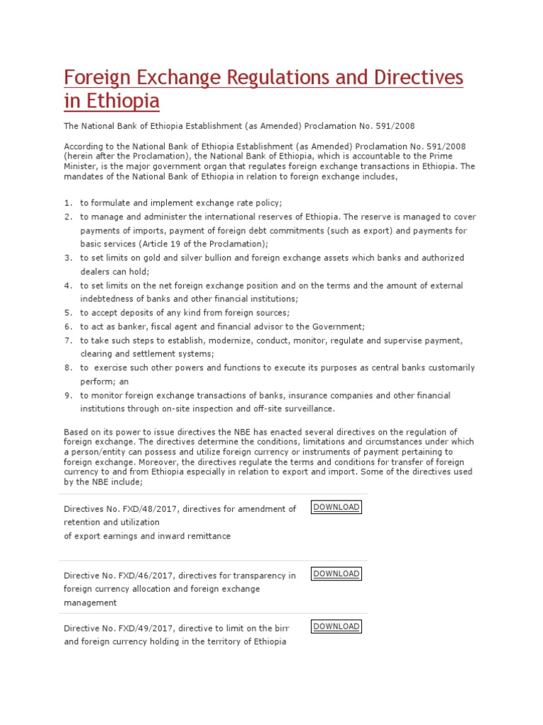 Foreign Exchange Regulations and Directives in Ethiopia | PDF | Foreign ...