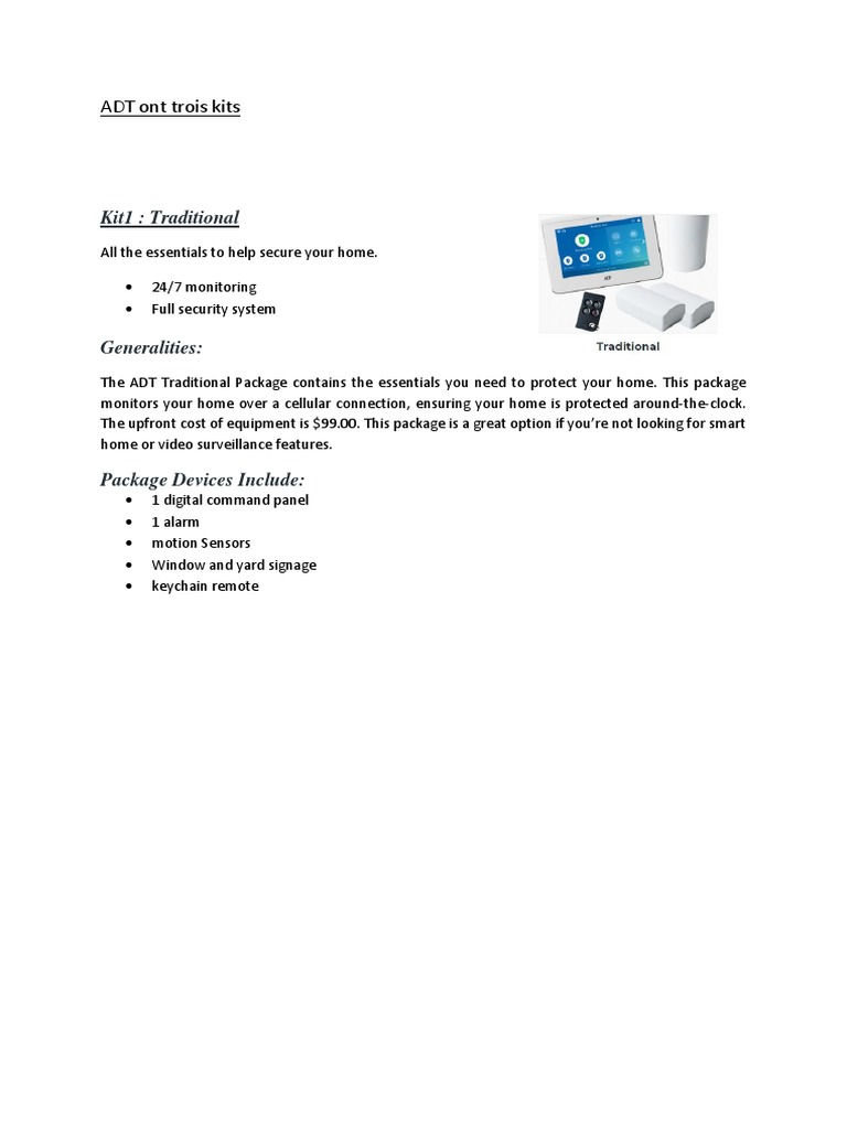ADT Ont Trois Kits: Kit1: Traditional | PDF | Smartphone | Surveillance