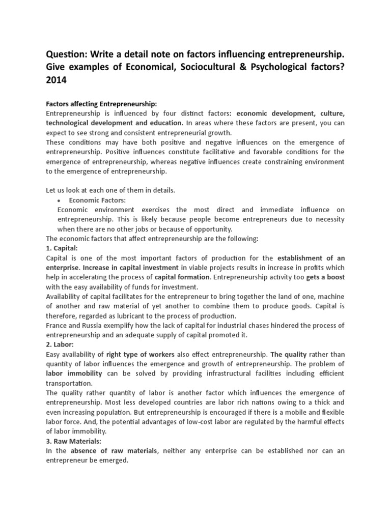 Factors Influencing Entrepreneurship | PDF | Entrepreneurship | Capital ...