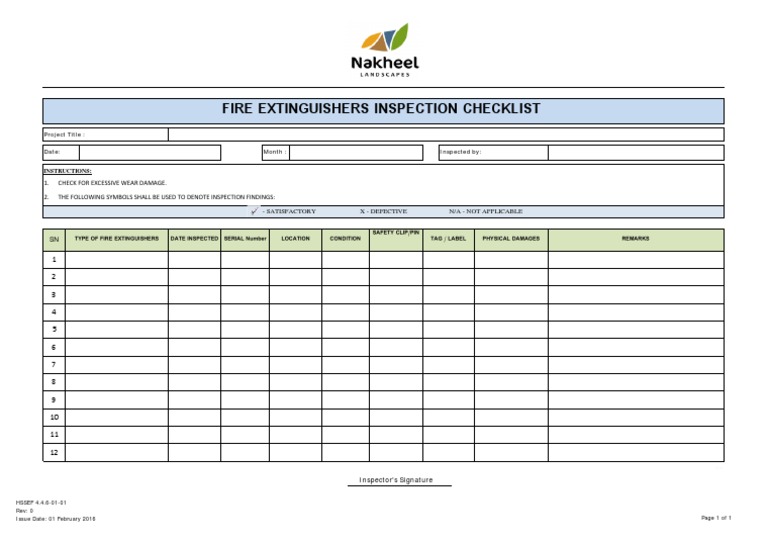 Fire Extinguishers Inspection Checklist: Project Title: Month: Inspected by | PDF