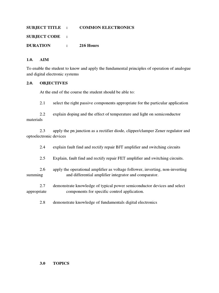 Subject Title: Common Electronics Subject Code: Duration: 216 Hours ...