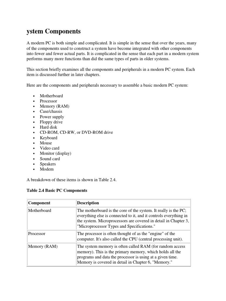 Ystem Components: Table 2.4 Basic PC Components | Download Free PDF ...