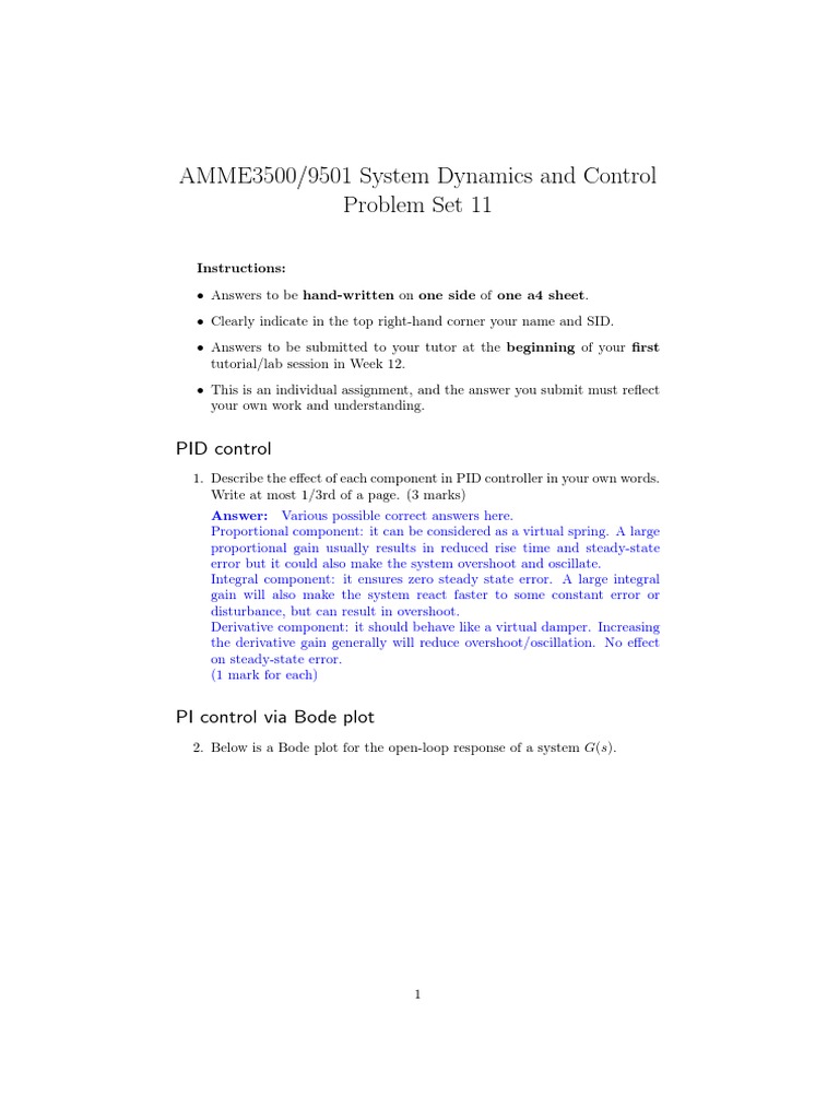 AMME3500/9501 System Dynamics and Control Problem Set 11 | PDF | Telecommunications Engineering ...