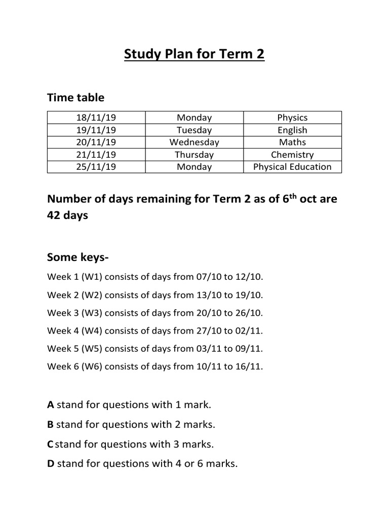 Study Plan For Term 2: Time Table | PDF | Chemistry | Physics
