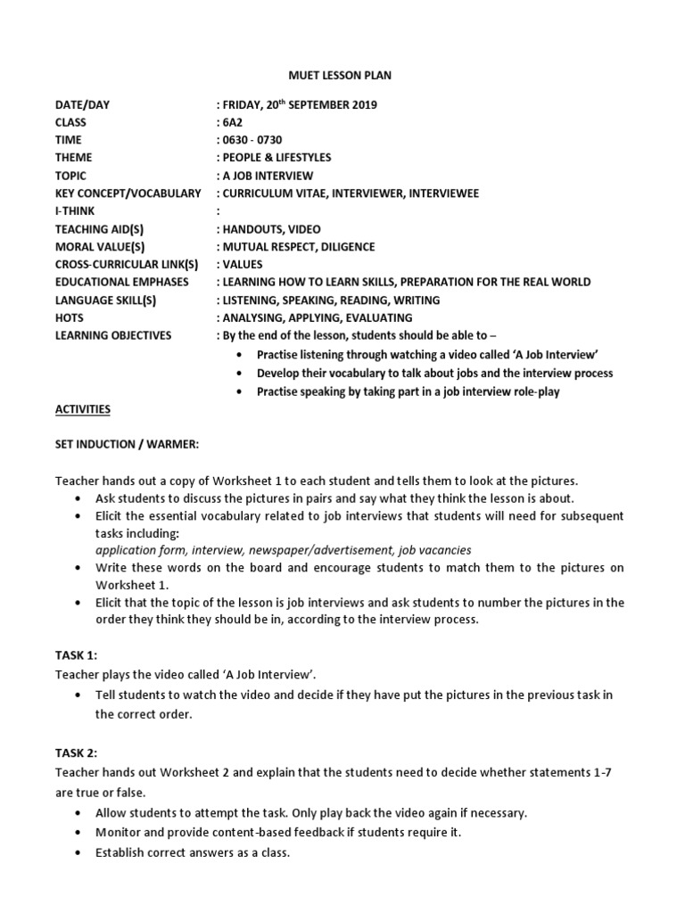 Muet Lesson Plan | PDF | Job Interview | Lesson Plan