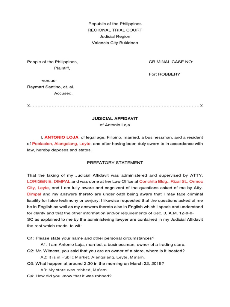 Judicial Affidavit Robbery | PDF | Affidavit | Perjury
