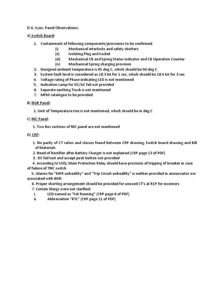 DG Sync Panel Observations | PDF