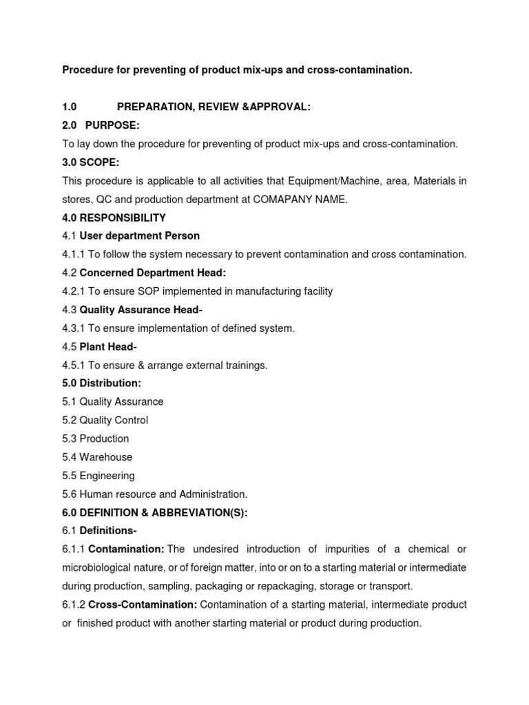 SOP for Control of Cross Contamination | Quality Assurance | Nature