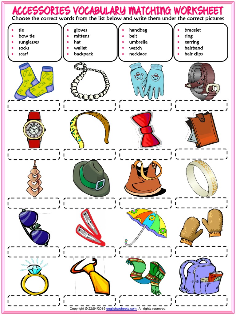 Accessories Vocabulary Esl Matching Exercise Worksheet For Kids | PDF