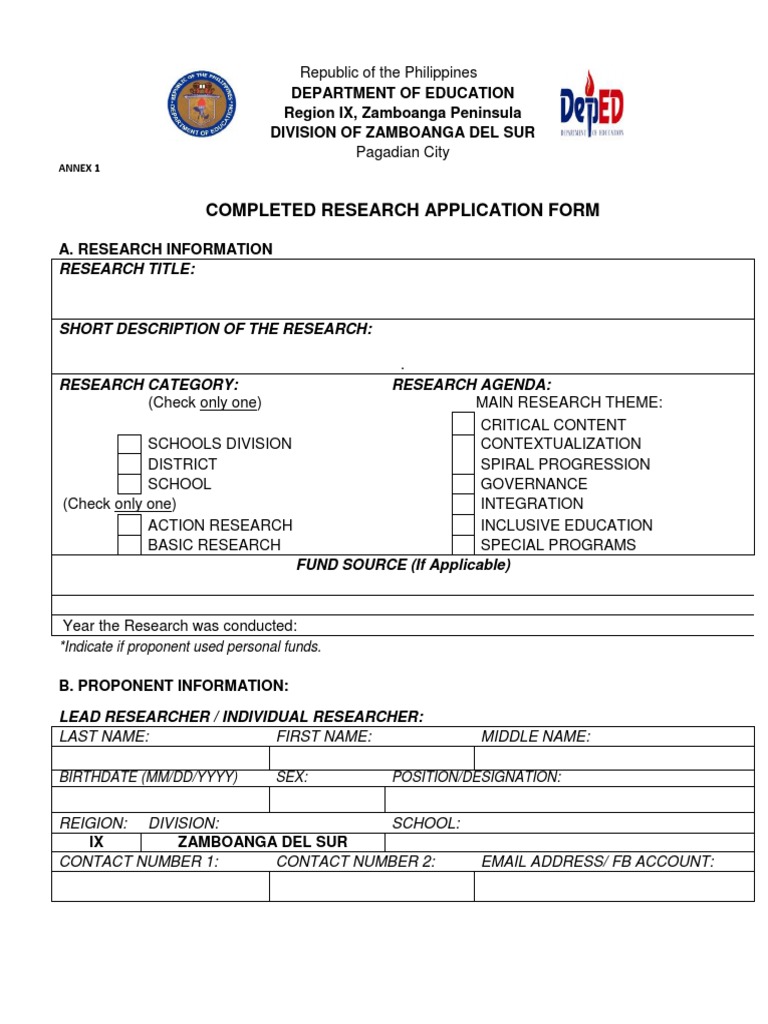Completed Research Application Form: Department of Education Region IX ...