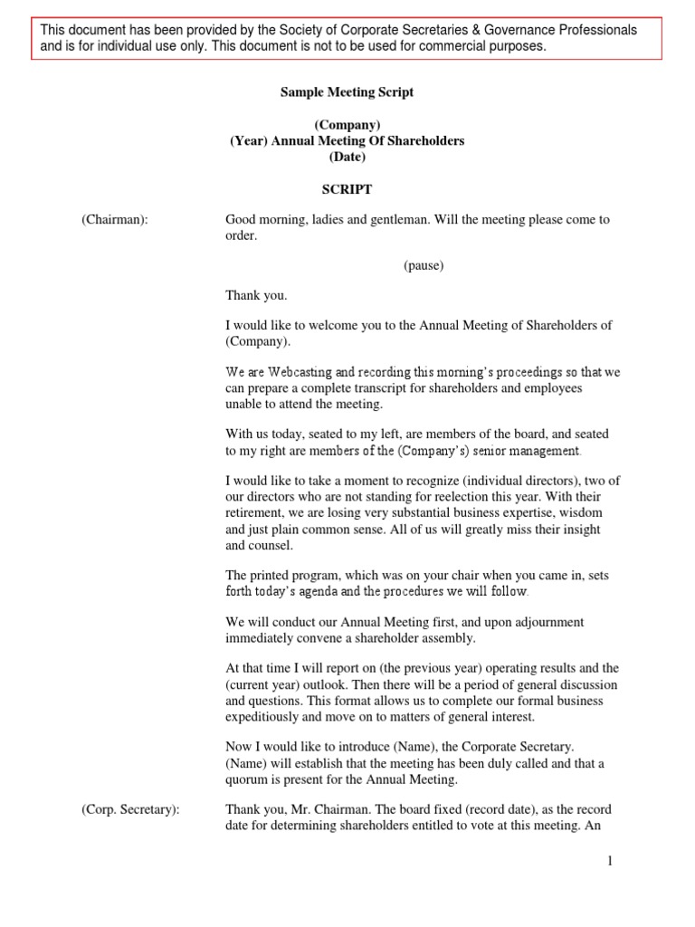 Annual Meeting Sample Script Dikonversi | PDF | Proxy Voting | Board Of ...