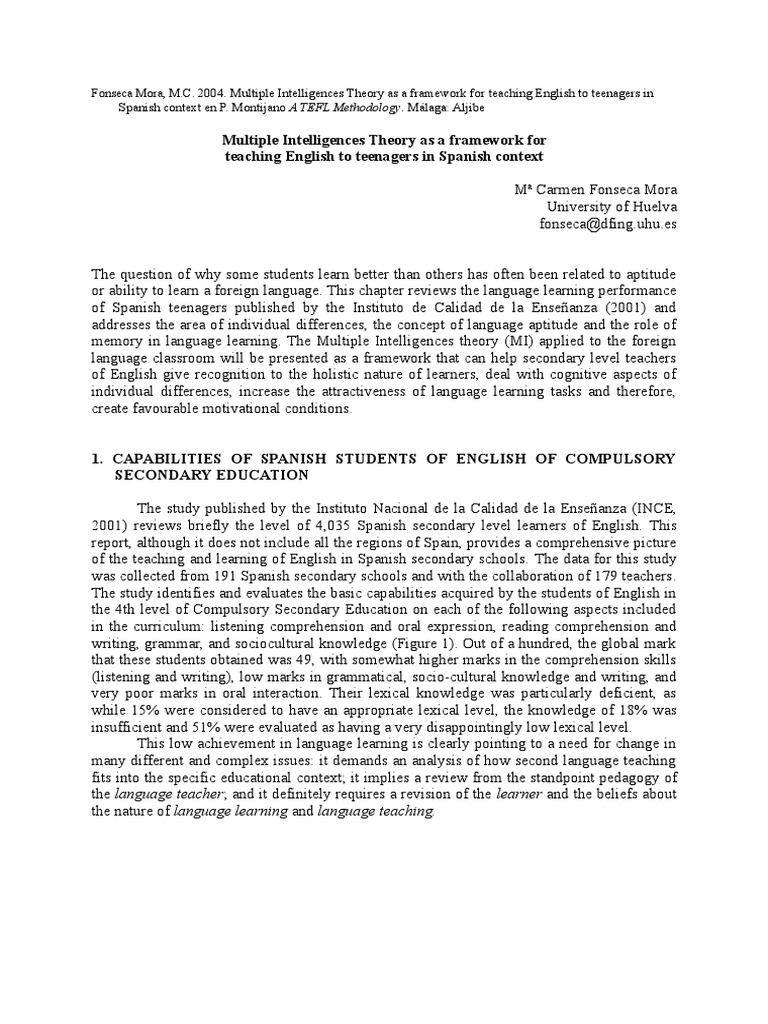 Multiple Intelligences Theory As A Framework For | PDF | Second ...