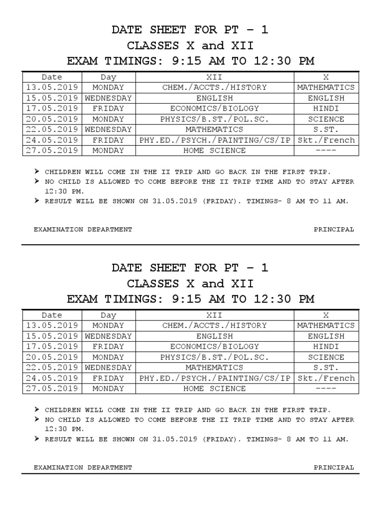PT-1 Exam Schedule for Classes X & XII | PDF | Science & Mathematics