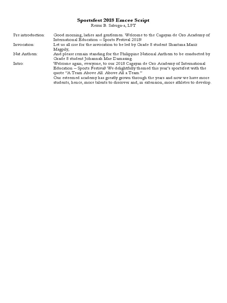 Sportsfest 2018 Emcee Script | PDF