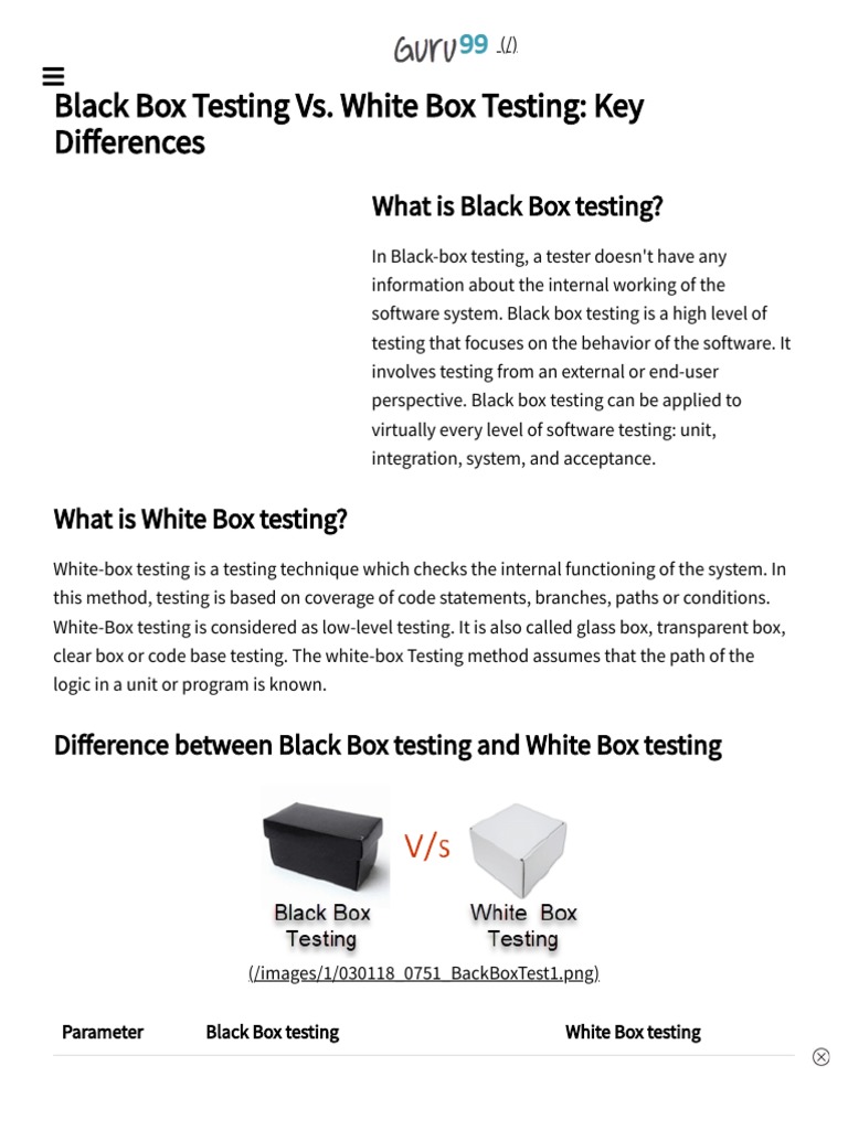 Black Box Testing vs. White Box Testing: Key Di Erences | PDF ...