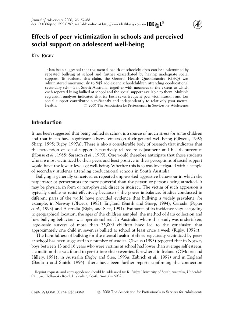 Effects of Peer Victimization in Schools and Perceived Social Support ...
