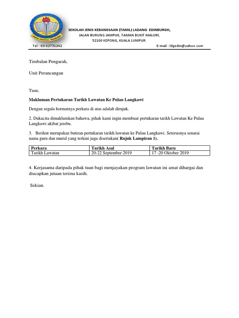 Pertukaran Tarikh Lawatan Sekolah | PDF