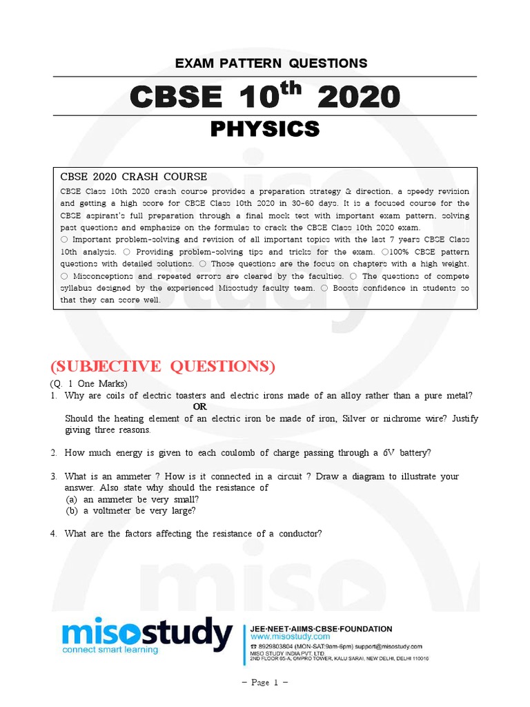 CBSE Class 10 Physics Sample Questions 2020 | PDF | Voltage ...