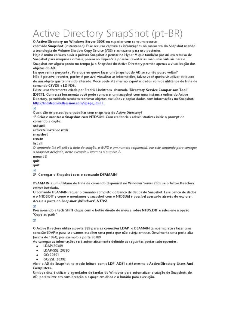 Active Directory SnapShot | PDF | Diretório ativo | Windows Server 2008
