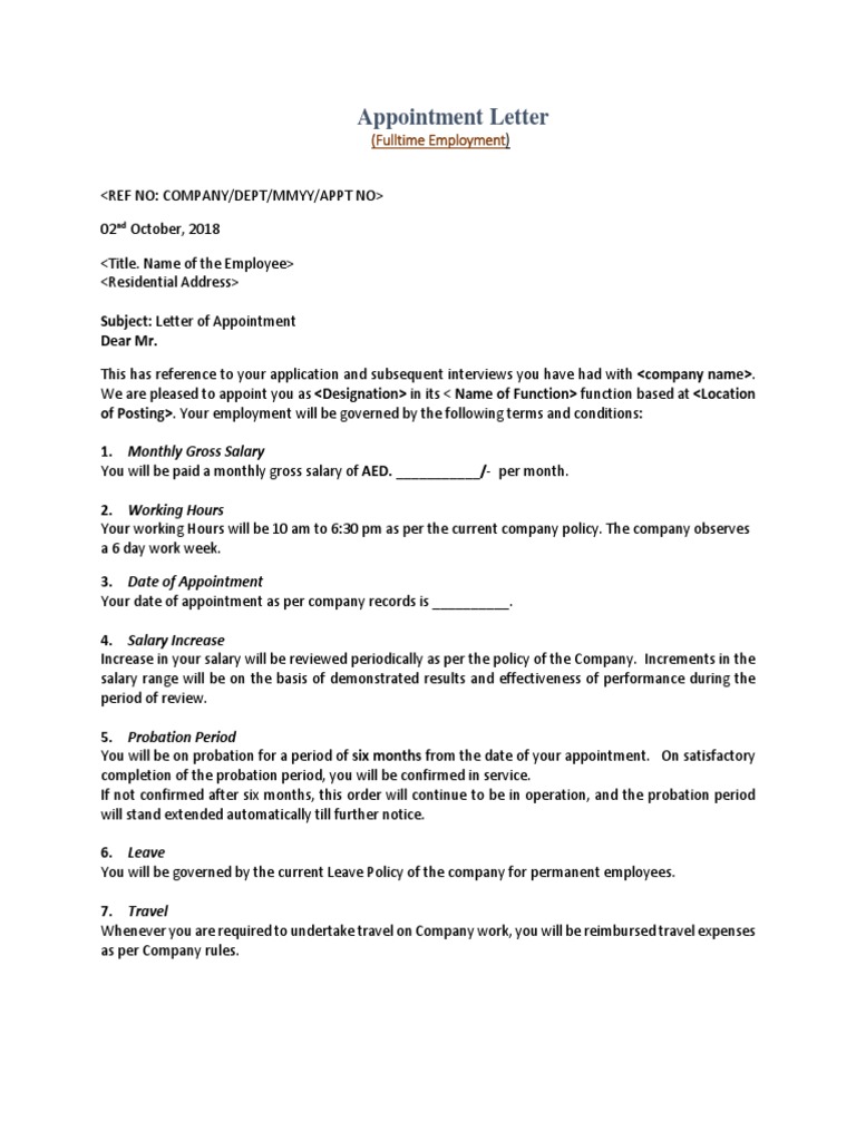 Appointment Letter: (Fulltime Employment | PDF | Salary | Confidentiality