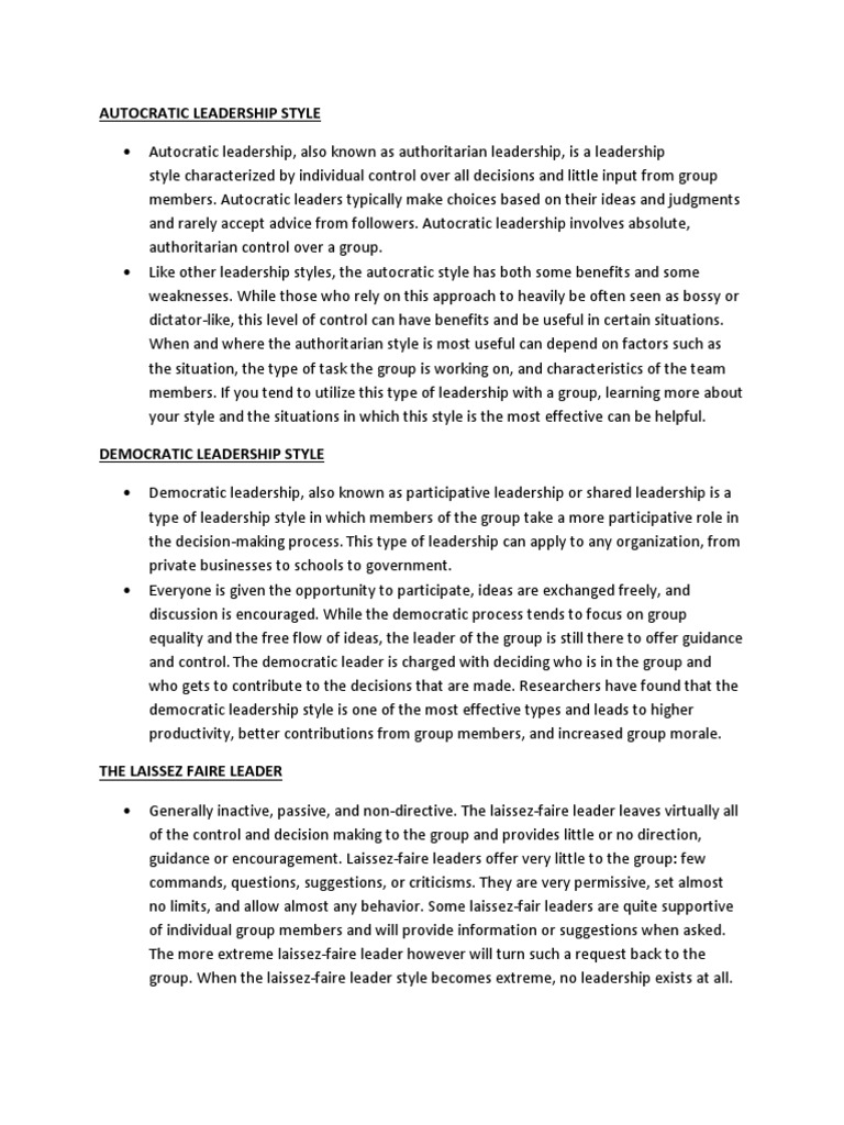 Autocratic vs. Democratic Leadership Styles | PDF | Leadership | Goal