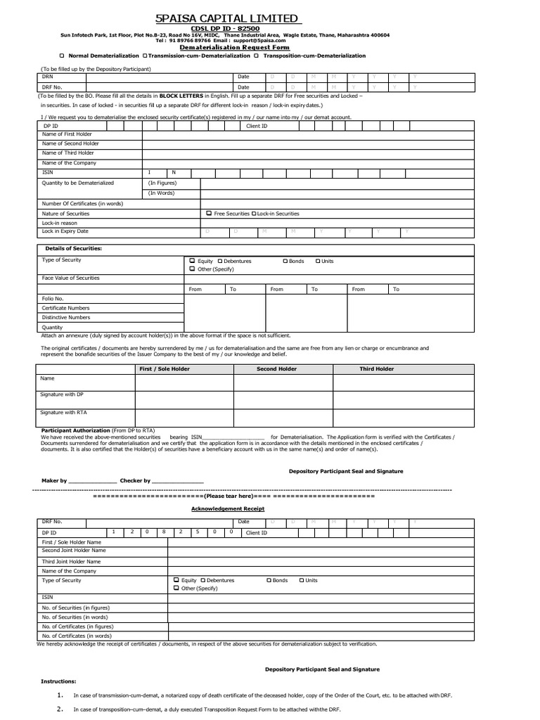 Dematerialisation Request Form | PDF | Securities (Finance) | Financial Markets