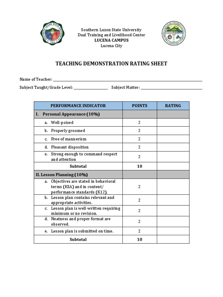 Teaching Demo Rating Sheet | PDF | Classroom Management | Teachers