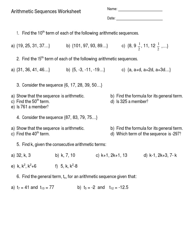 Arithmetic Sequences Worksheet: Name: Date | PDF