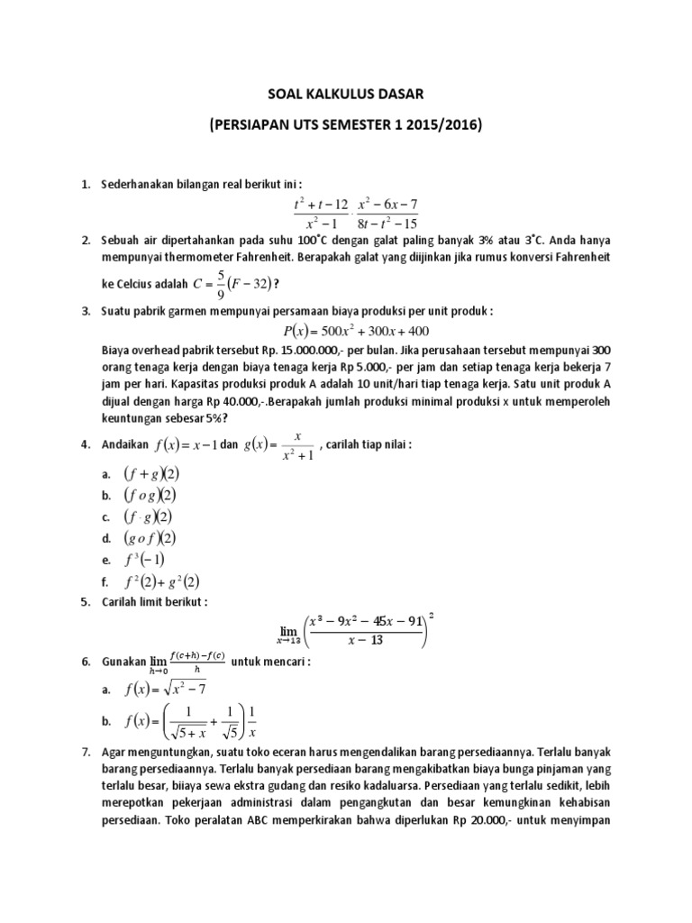 Soal Kalkulus Dasar UTS 2015/2016 | PDF | Sains & Matematika | Komputer