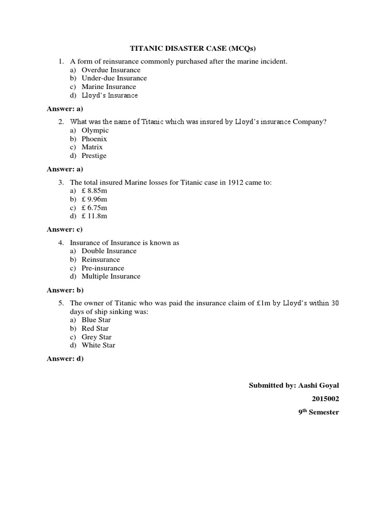 Titanic Disaster Case (MCQS) | PDF | Technology & Engineering