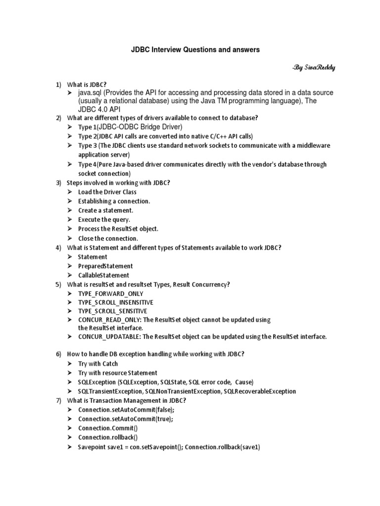 Jdbc Interview Questions And Answers By Sivareddy Pdf Databases Computer Programming