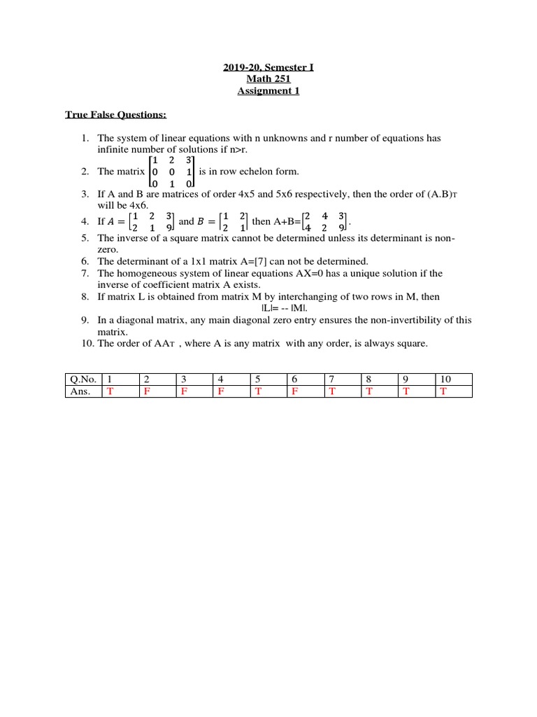 Assignment 1 Solution For MATH251 | PDF | System Of Linear Equations | Matrix (Mathematics)