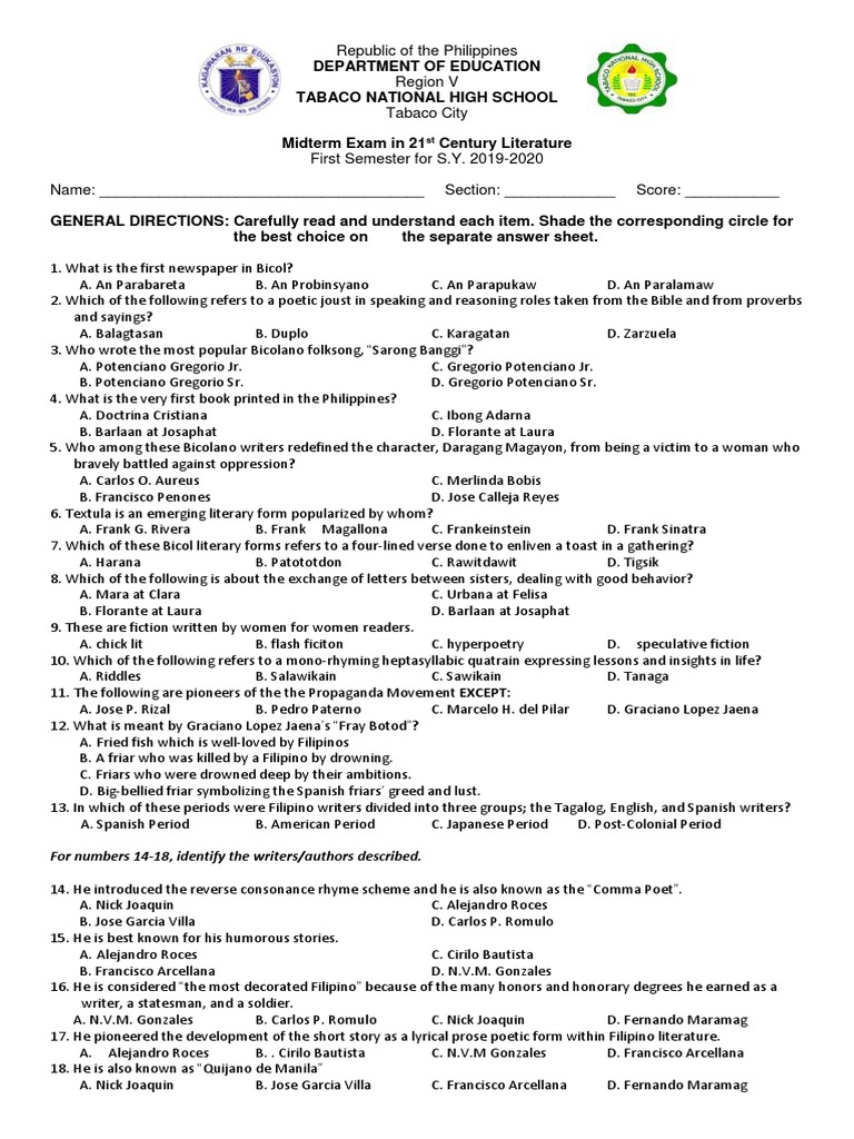 21st Century Literature Midterm Exam | PDF | Poetry