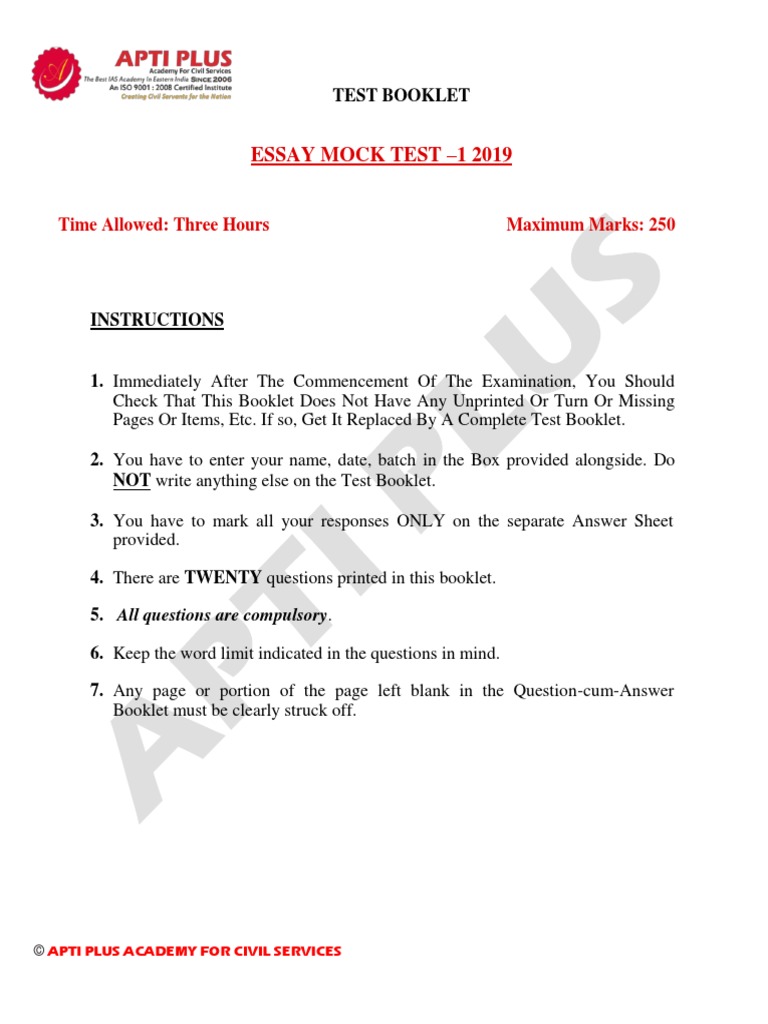 Essay Mock Test - 1 2019: Time Allowed: Three Hours Maximum Marks: 250 ...
