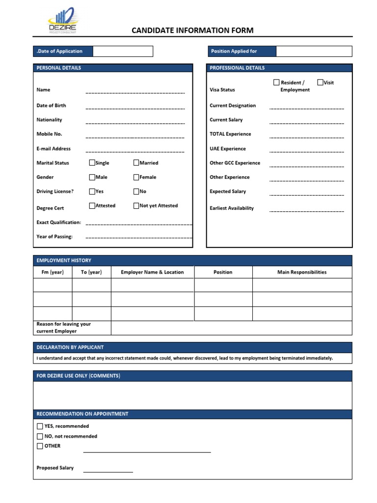 Candidate Information Form: .Date of Application Position Applied For ...