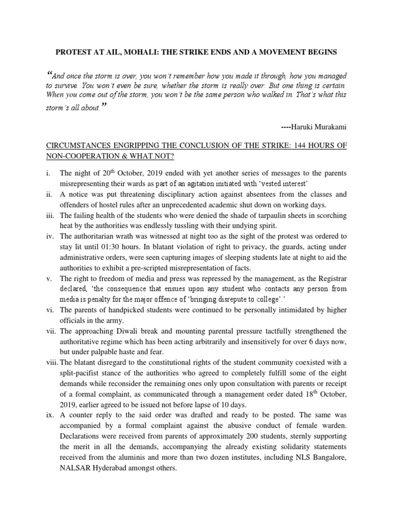 Joint Statement by Students at Army Institute of Law, Mohali. | PDF ...