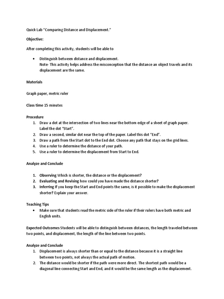 Quick Lab Comparing Distance and Displacement | PDF