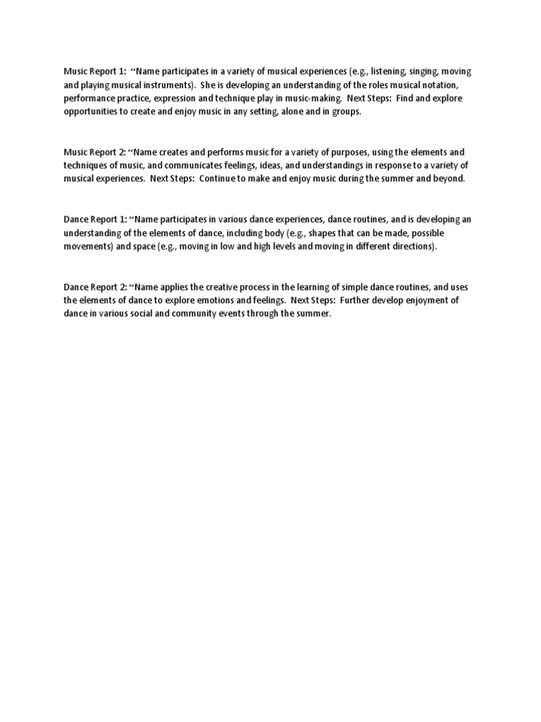 Music and Dance Report Card Comments | PDF