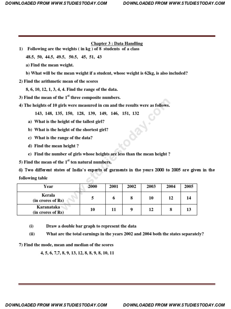 CBSE Clas 7 Maths Worksheet - Data Handling | PDF | Arithmetic Mean ...