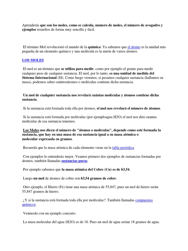 Ejercicios Moles | PDF | Mole (Unidad) | Moléculas
