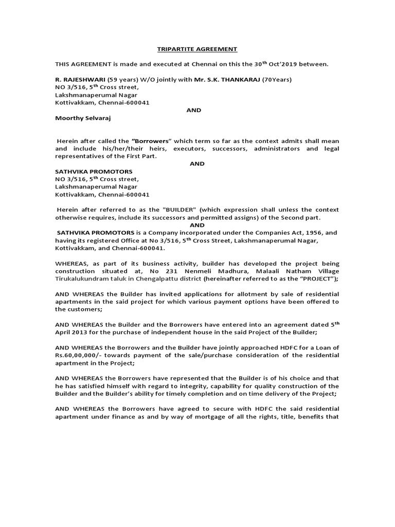 Tripartite Agreement - Sathvika Promotors | PDF | Loans | Debtor