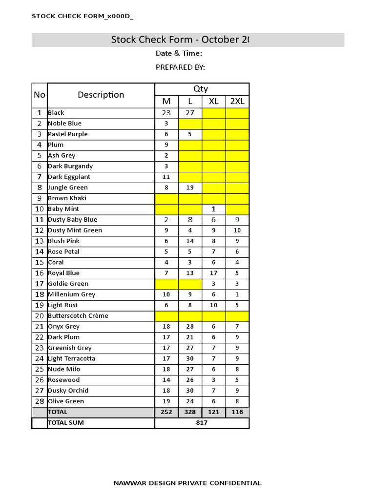 Stock Check Form - October 2019: No Description Qty M L XL 2Xl ...