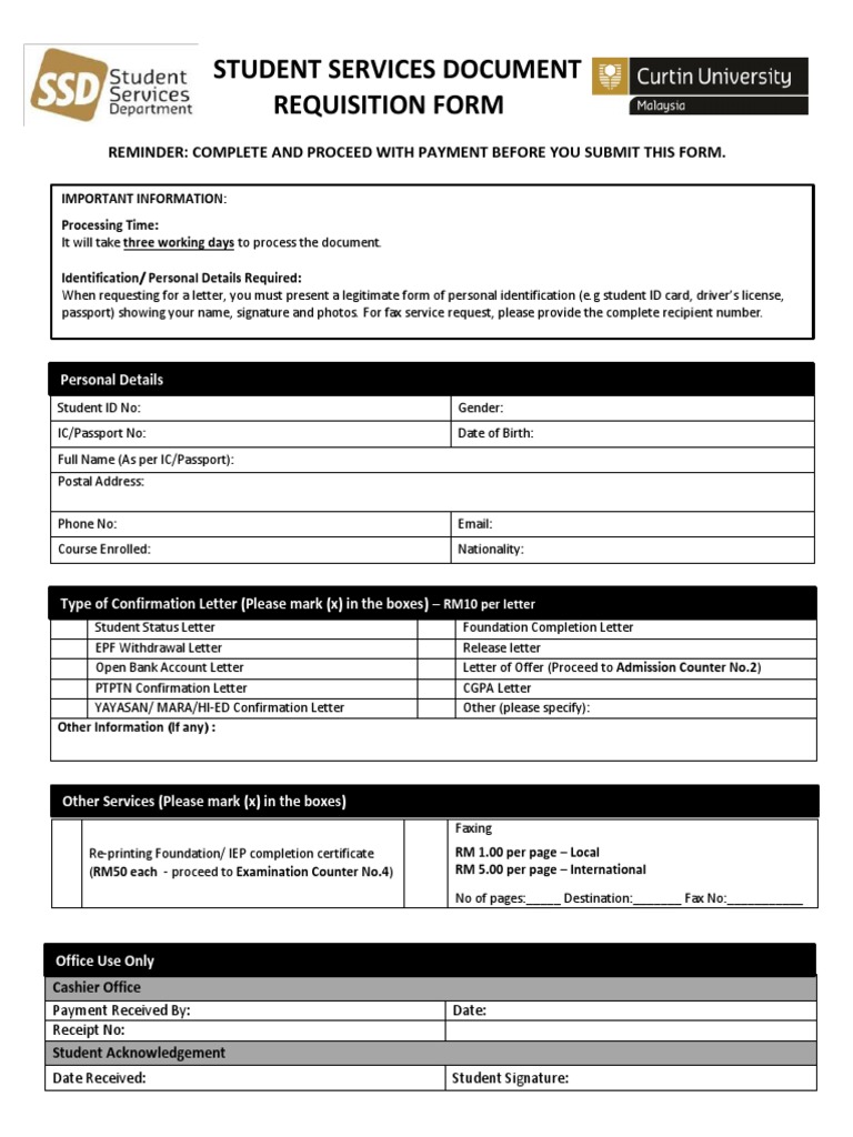 Student Services Document Requisition Form: Reminder: Complete and ...
