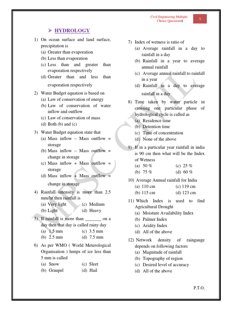 Hydrology: Civil Engineering Multiple Choice Questions | PDF ...