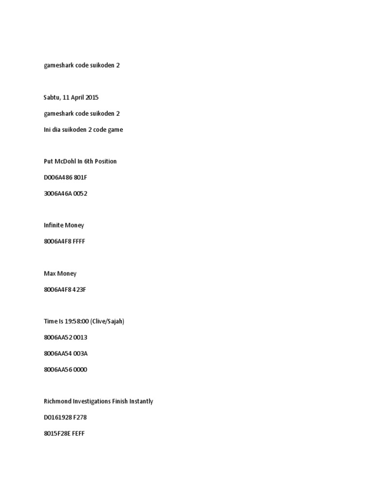 Gameshark Code Suikoden 2 | PDF | Leisure Activities | Gaming