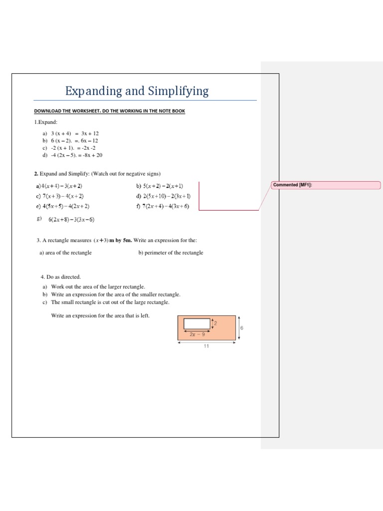 Expanding and Simplifying Algebra Worksheet | PDF | Teaching Methods ...