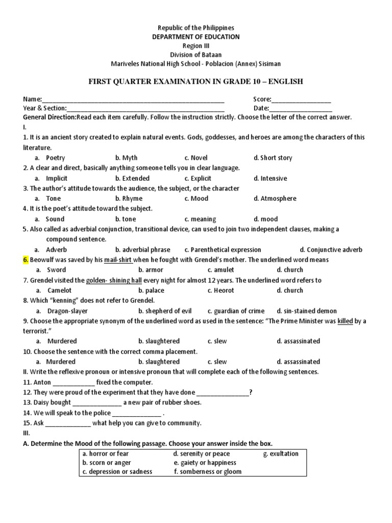 1ST Periodical Test in English 10 | PDF
