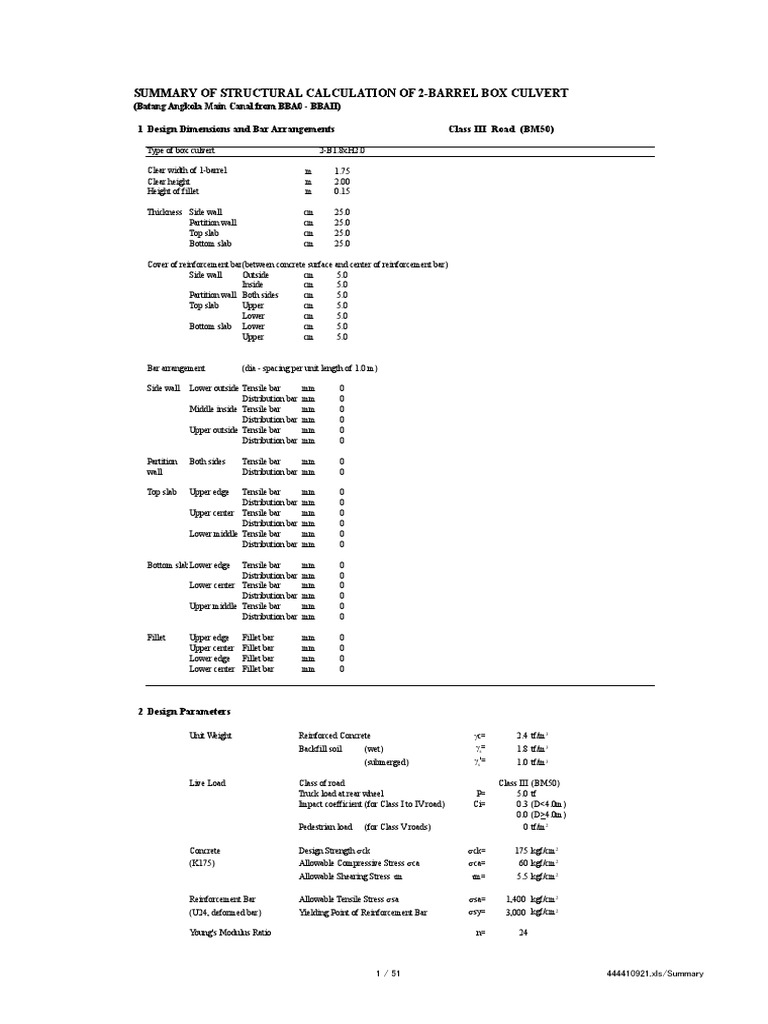 Summary of Structural Calculation of 2-Barrel Box Culvert | PDF | Wall | Stress (Mechanics)
